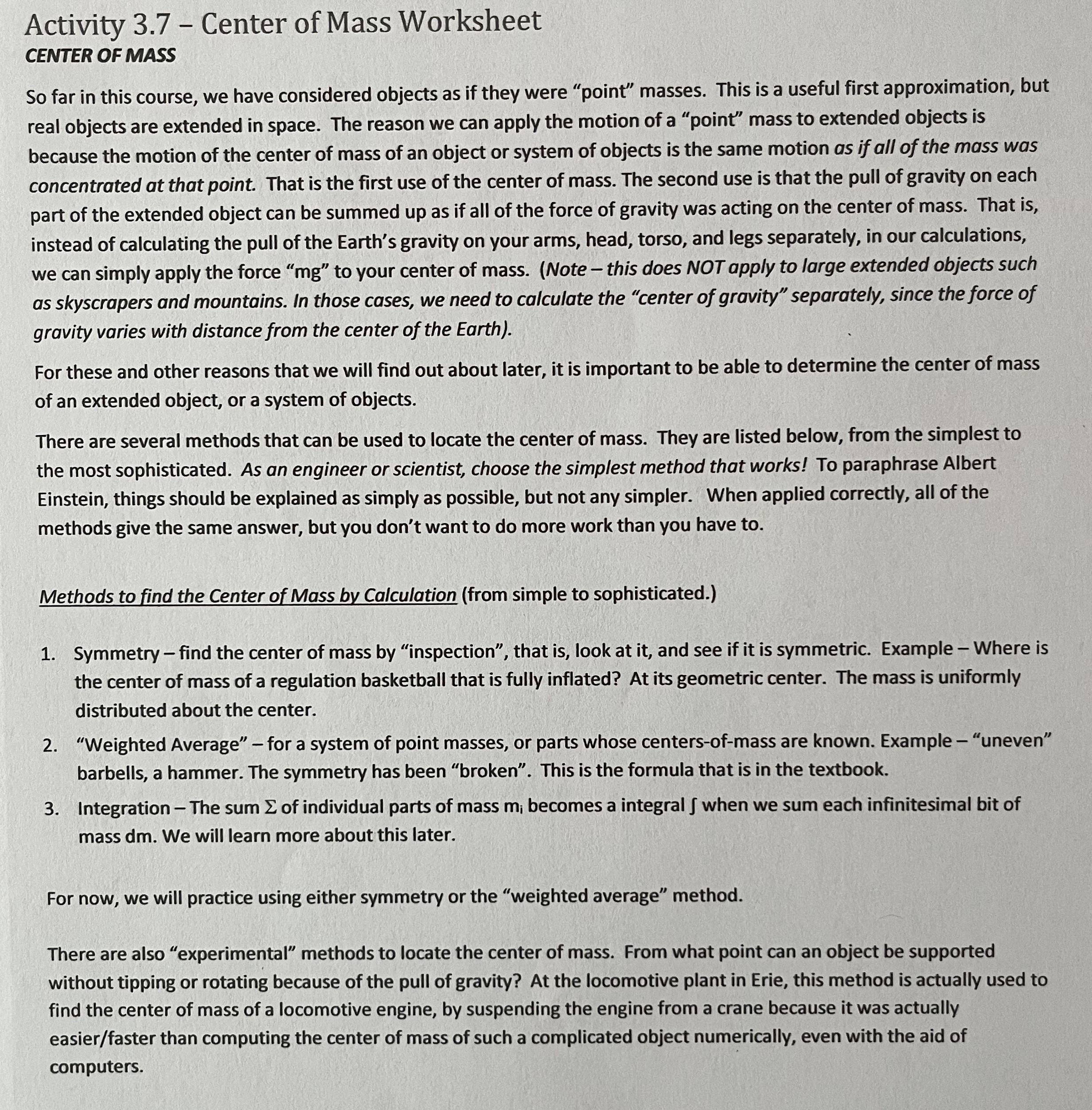 Solved Activity 3.7 - Center of Mass Worksheet CENTER OF | Chegg.com