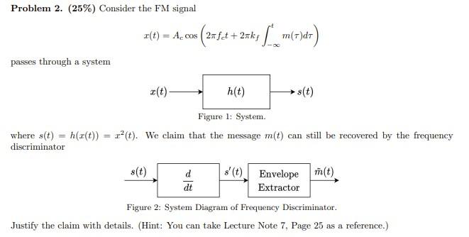 Solved Problem 2. (25\%) Consider the FM signal | Chegg.com