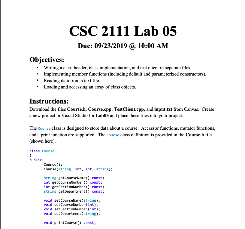 Solved CSC 2111 Lab 05 Due: 09/23/2019 @ 10:00 AM | Chegg.com