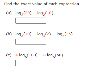 Solved Find the exact value of each expression. (a) log (20) | Chegg.com