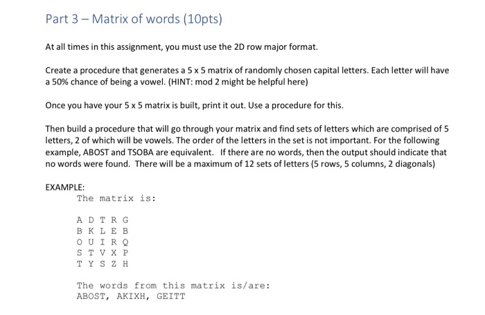 Solved Part 3 - Matrix of words (10pts) At all times in this | Chegg.com