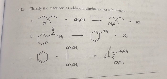 Solved 4.12 Classify the reactions as addition, elimination, | Chegg.com