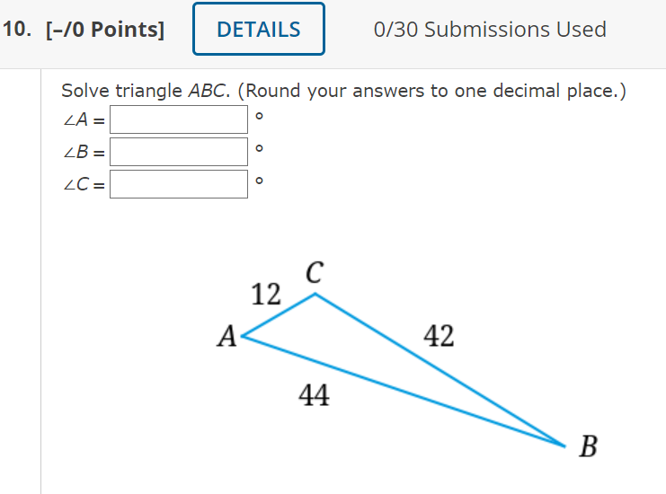 Solved Solve triangle ABC. (Round your answers to one | Chegg.com