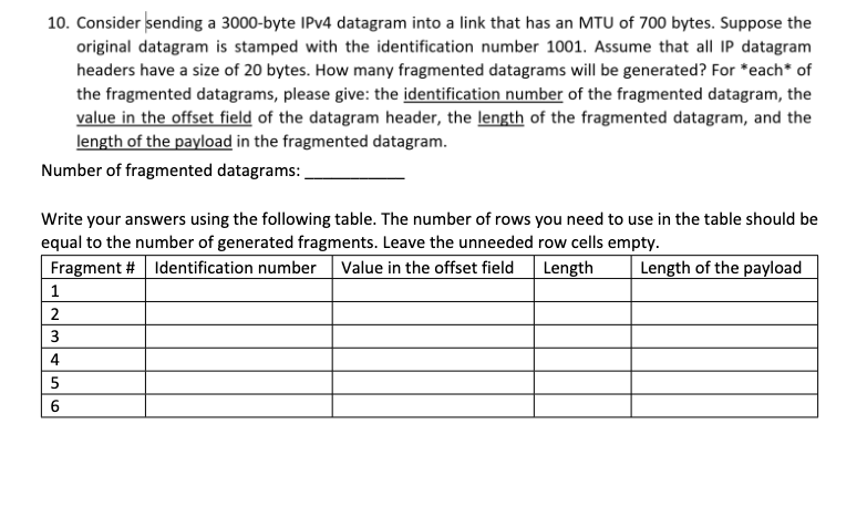 Solved 10. Consider sending a 3000-byte IPv4 datagram into a | Chegg.com