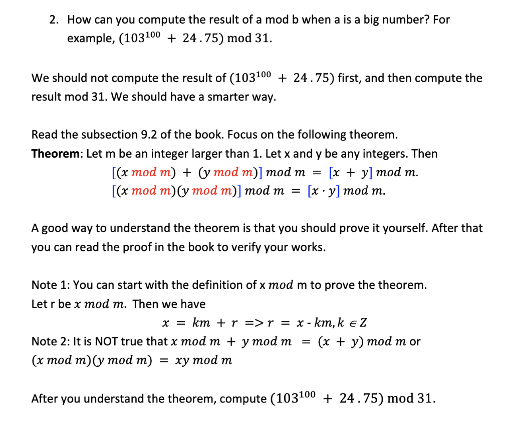 Solved 2. How can you compute the result of a mod b when a | Chegg.com