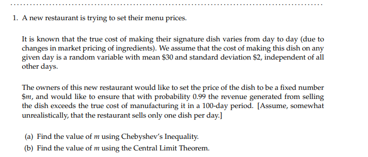 Solved 1. A new restaurant is trying to set their menu | Chegg.com