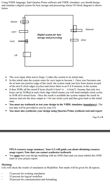 Using VHDL language, Intel Quartus Prime software and | Chegg.com