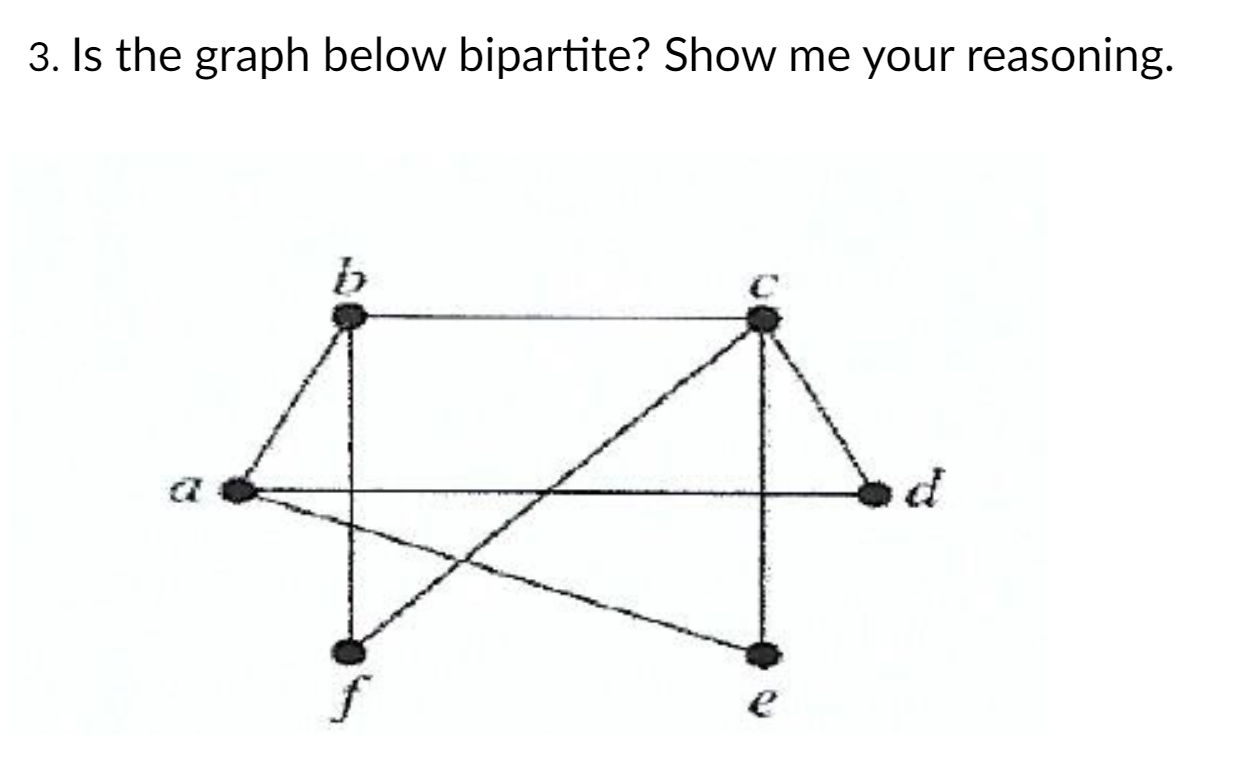 Solved 3. Is the graph below bipartite? Show me your | Chegg.com