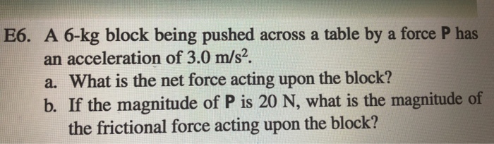 Solved E6. A 6-kg block being pushed across a table by a | Chegg.com