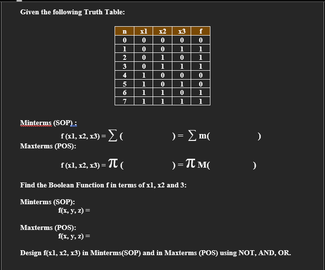 Solved Given The Following Truth Table Minterms Sop 