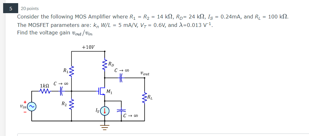 Solved Consider the following MOS Amplifier where R1 = R2 = | Chegg.com