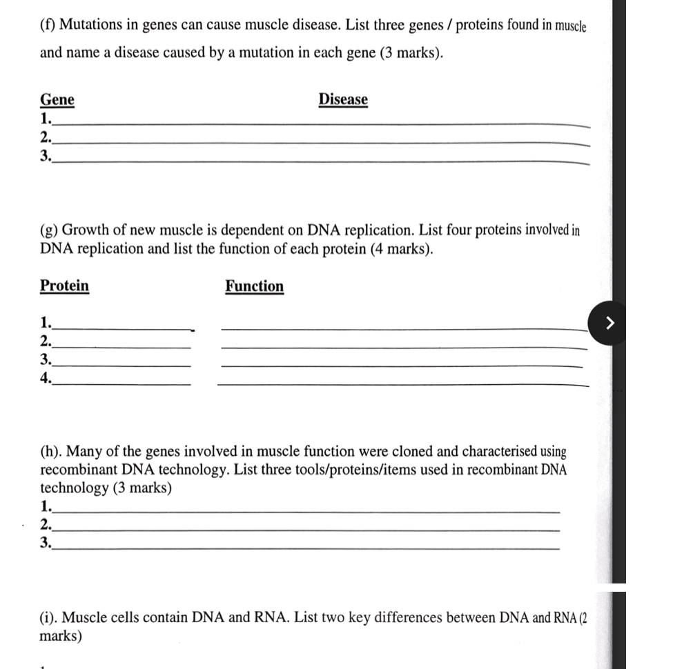 Solved (f) Mutations in genes can cause muscle disease. List | Chegg.com