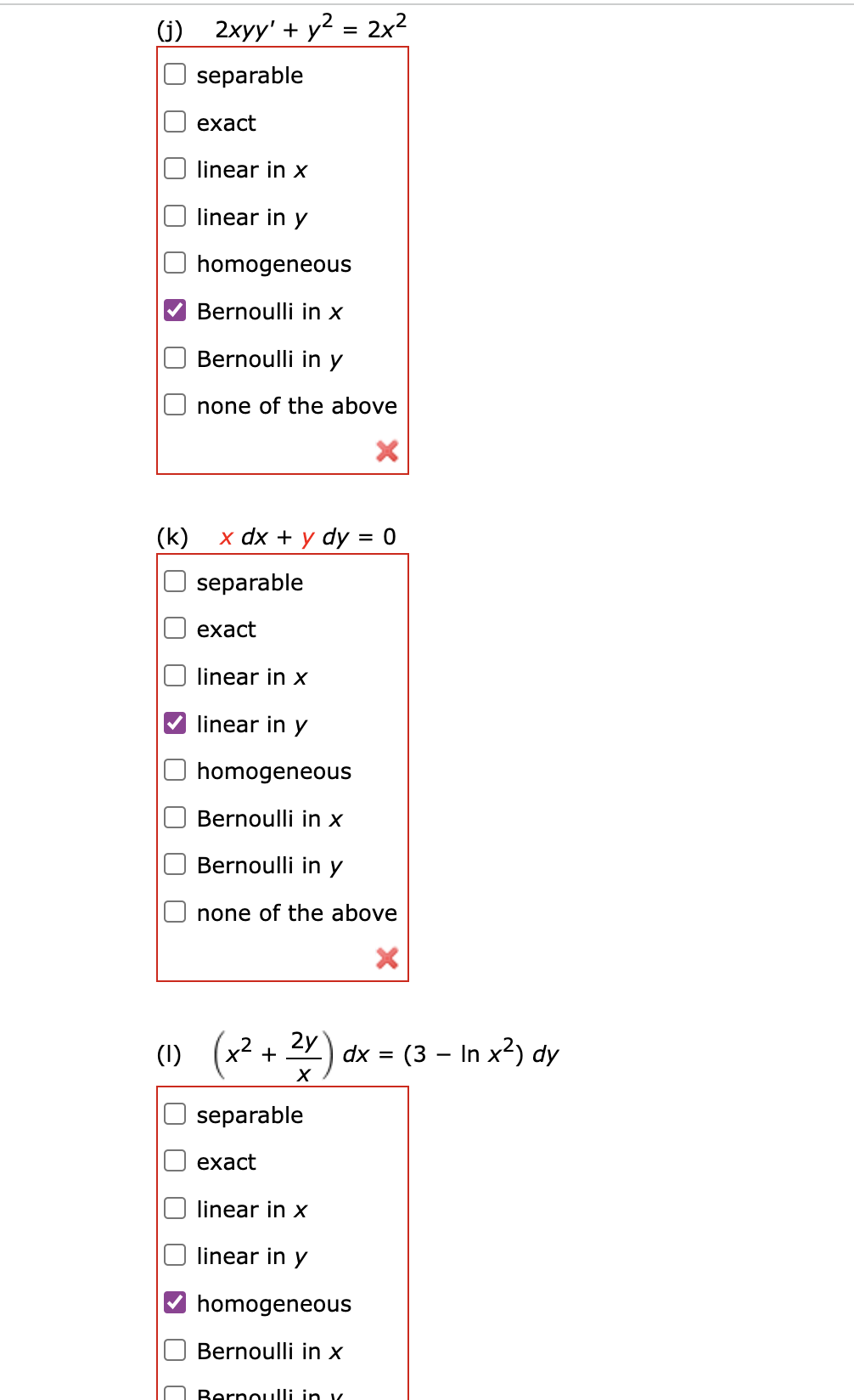 (j) 2xyy′+y2=2x2 separable exact linear in x linear | Chegg.com