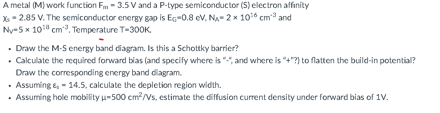 Solved A metal (M) work function Fm=3.5 V and a P-type | Chegg.com