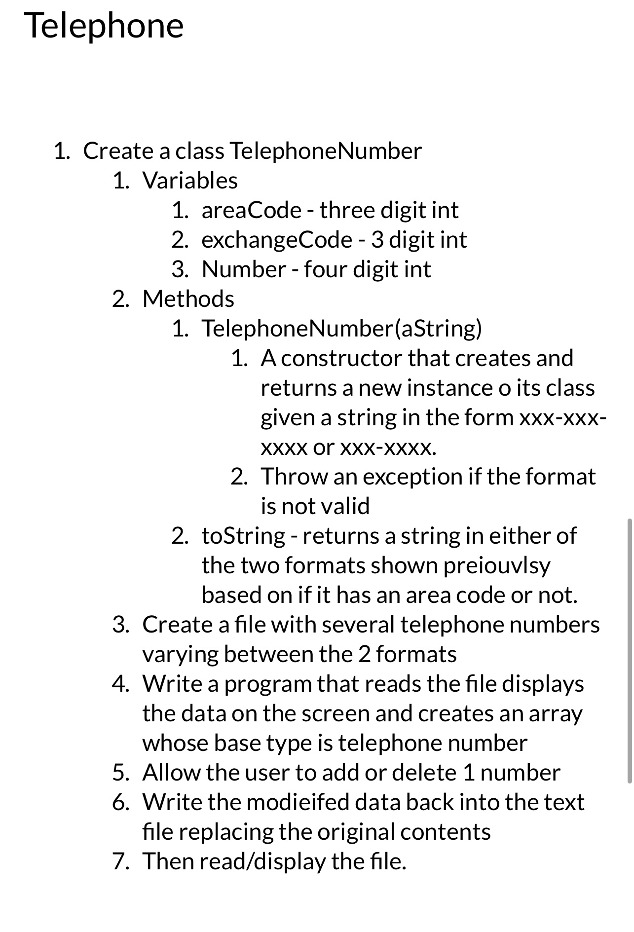 Solved Create a class TelephoneNumber Variables areaCode - | Chegg.com