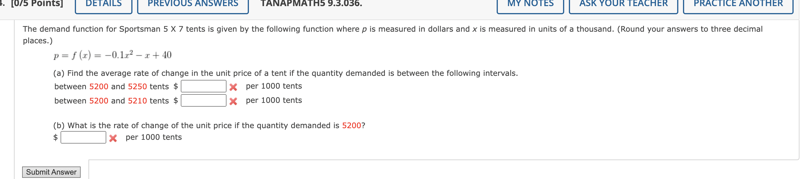 Solved [0/5 Points] DETAILS PREVIOUS ANSWERS TANAPMATH5 | Chegg.com