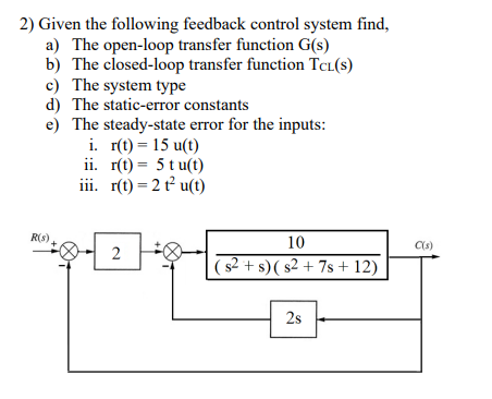 Solved 2) Given the following feedback control system find, | Chegg.com