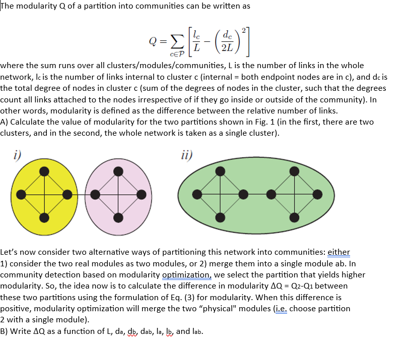 Solved The modularity Q of a partition into communities can | Chegg.com