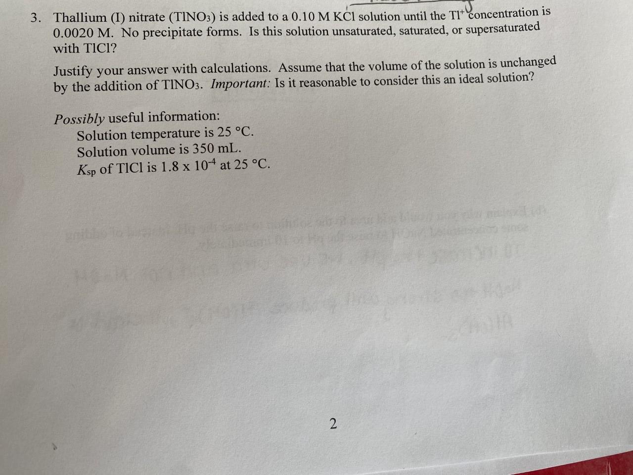 Solved 3. Thallium (I) nitrate (TlNO3) is added to a | Chegg.com