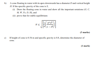 Solved b) A cone floating in water with its apex downwards | Chegg.com