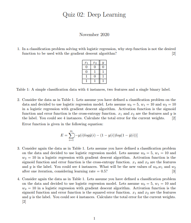 Quiz 02: Deep Learning November 2020 1. In a | Chegg.com