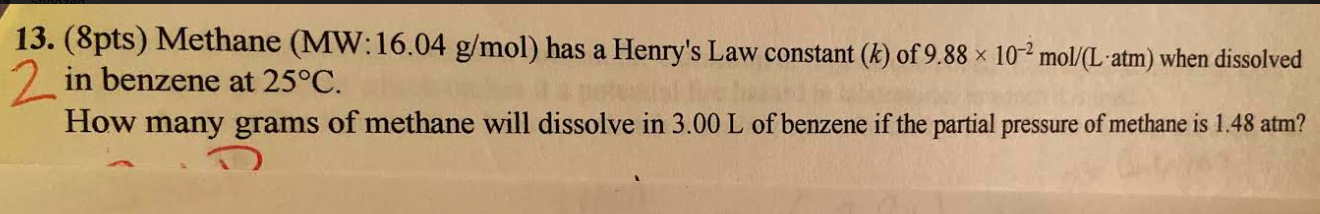 Solved 13. (8pts) Methane (MW:16.04 g/mol) has a Henry's Law | Chegg.com