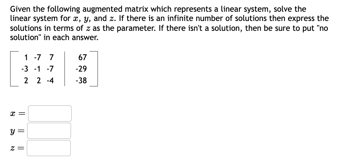 Solved Given the following augmented matrix which represents | Chegg.com