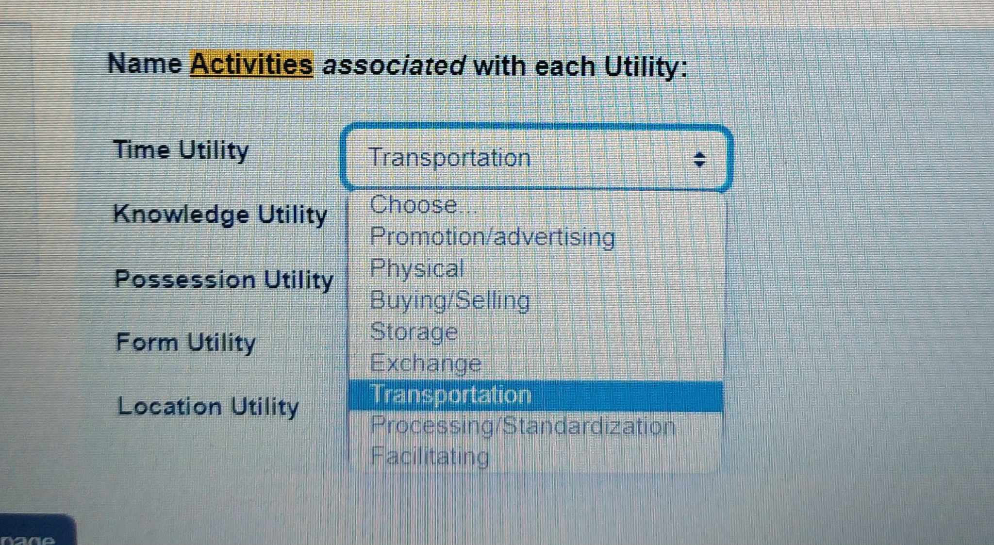 Solved Name Activities associated with each Utility: Time | Chegg.com
