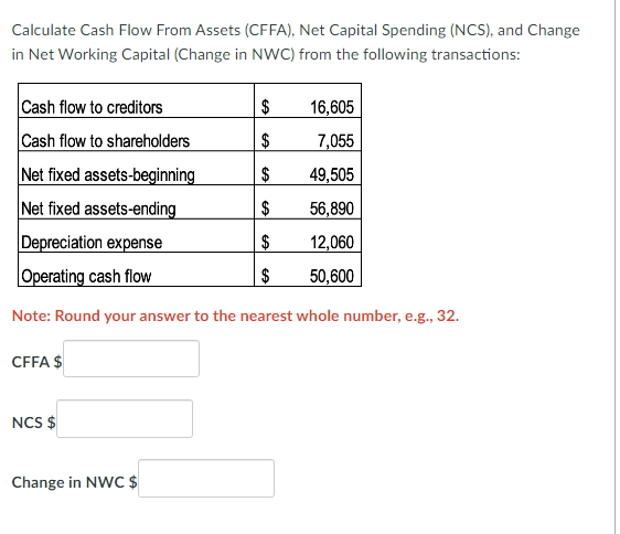 Solved Calculate Cash Flow From Assets (CFFA), Net Capital | Chegg.com