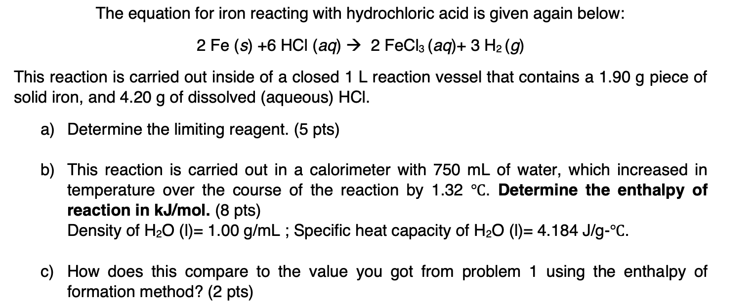 Solved The equation for iron reacting with hydrochloric acid | Chegg.com