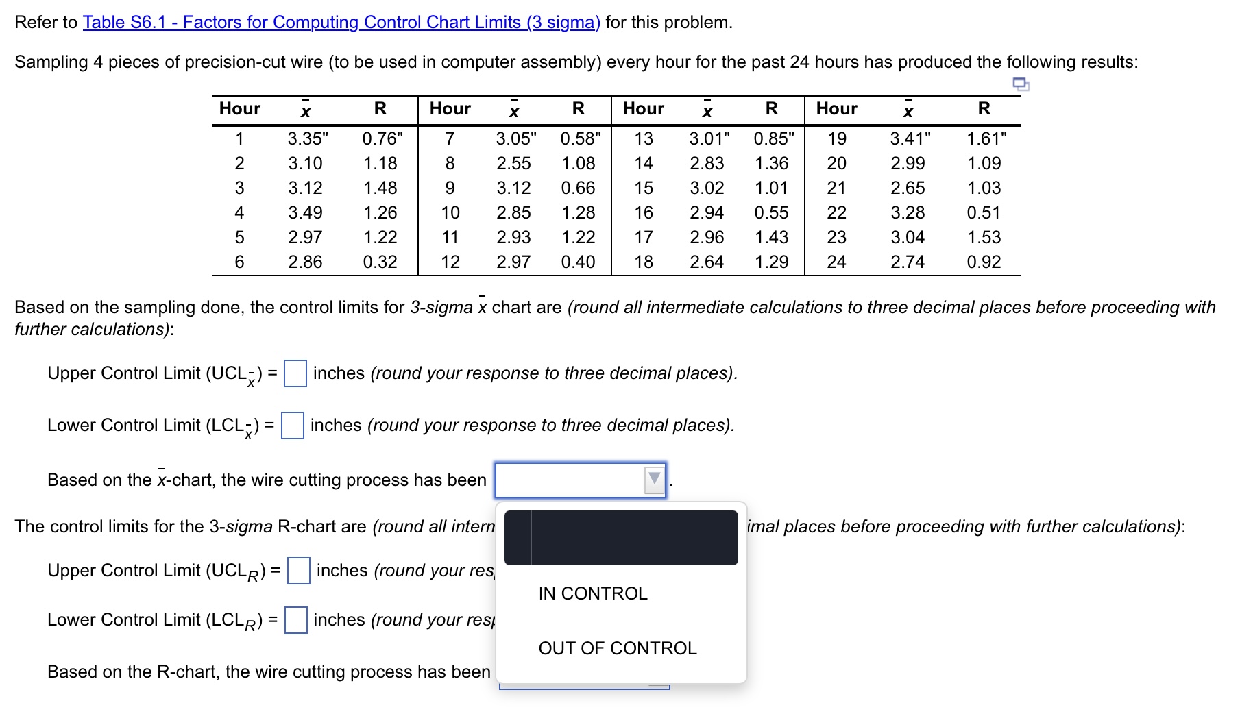 Solved Refer to Table S6.1 - ﻿Factors for Computing Control | Chegg.com