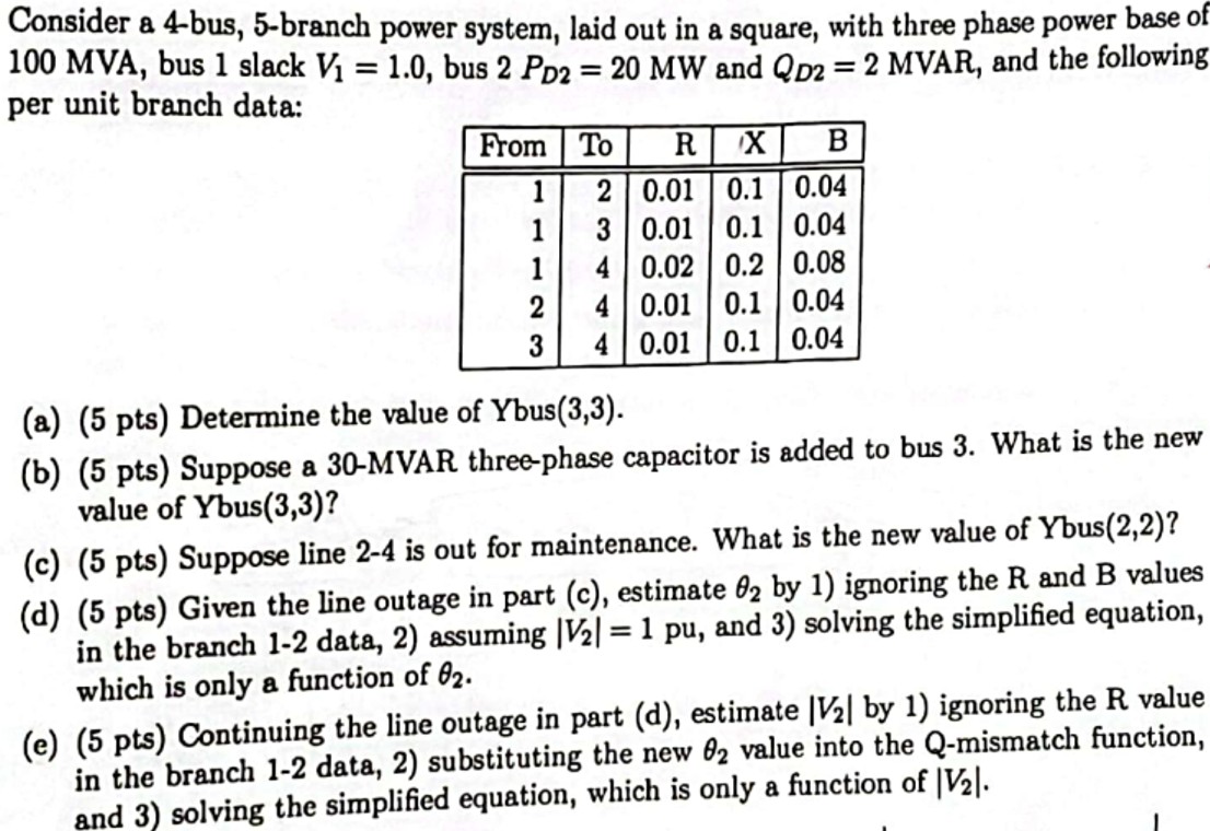 Consider a 4-bus, 5-branch power system, laid out in | Chegg.com