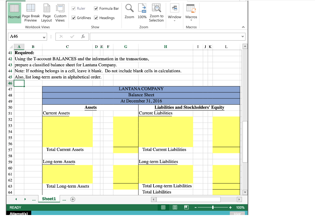 Solved Preparing a Classified Balance Sheet using Excel's | Chegg.com