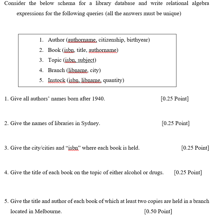 Solved Consider the below schema for a library database and | Chegg.com
