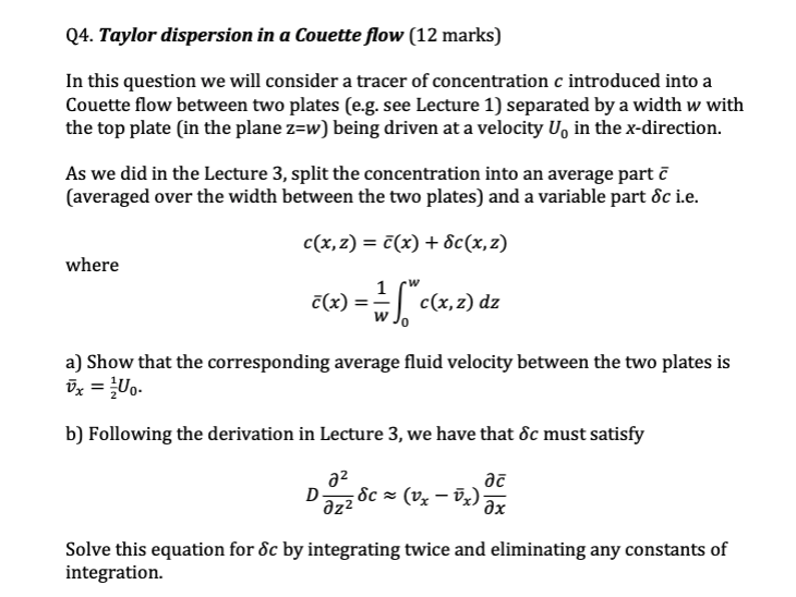 Q4. Taylor dispersion in a Couette flow (12 marks) In | Chegg.com