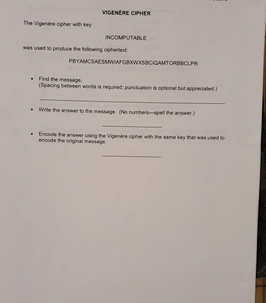 VIGENÈRE CIPHER The Vigenére cipher with key | Chegg.com