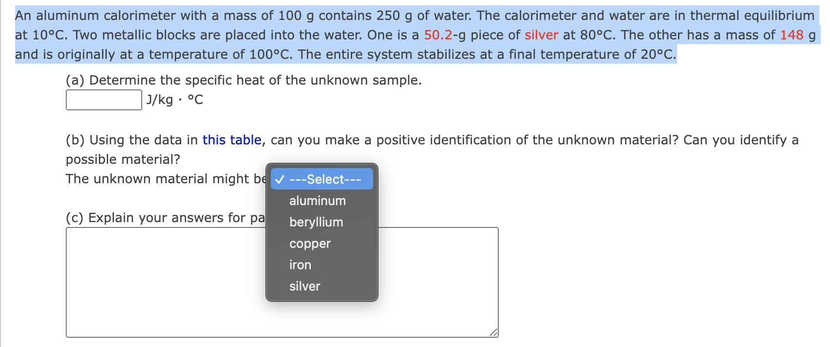 Solved An aluminum calorimeter with a mass of 100 g contains | Chegg.com