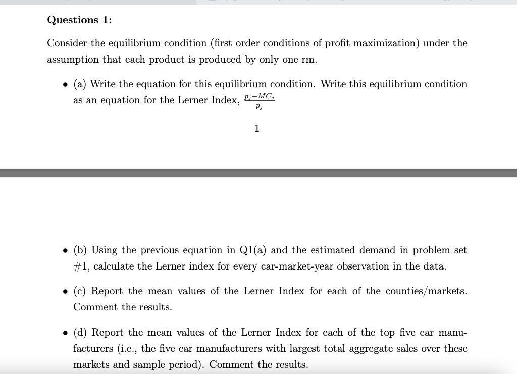 Questions 1: Consider the equilibrium condition | Chegg.com
