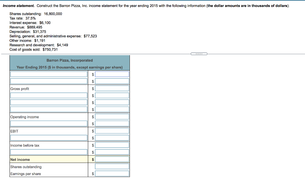 Solved Income statement. Construct the Barron Pizza, Inc. | Chegg.com