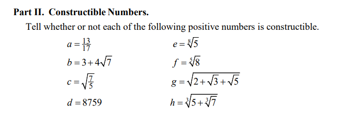 Solved Part II. Constructible Numbers. Tell whether or not | Chegg.com