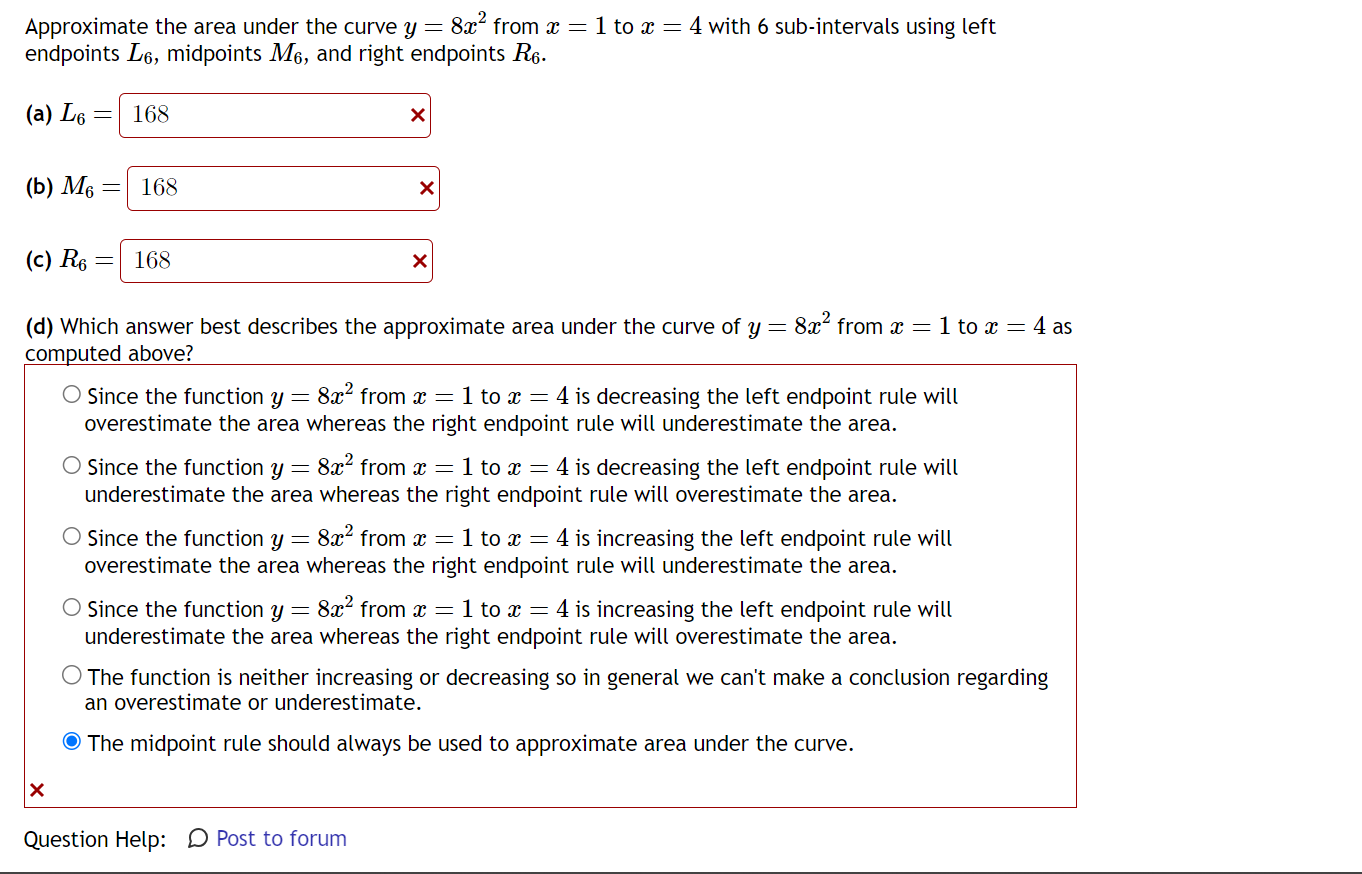 Solved Approximate the area under the curve y=8x2 ﻿from x=1 | Chegg.com