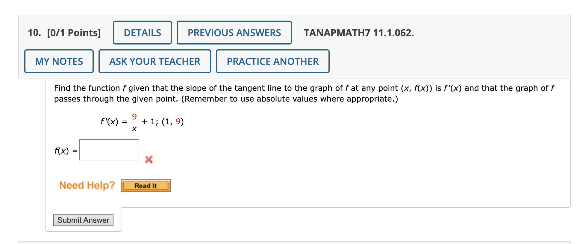 Solved [0/1 Points] TANAPMATH7 11.1.062. Find the function f | Chegg.com
