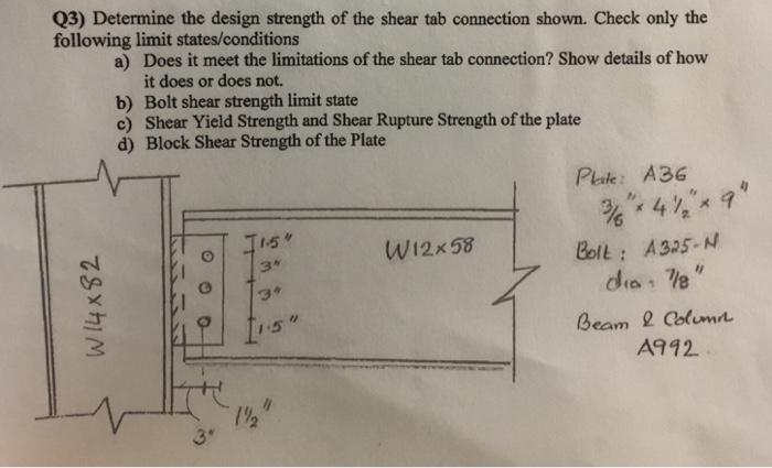 Q3) Determine the design strength of the shear tab | Chegg.com