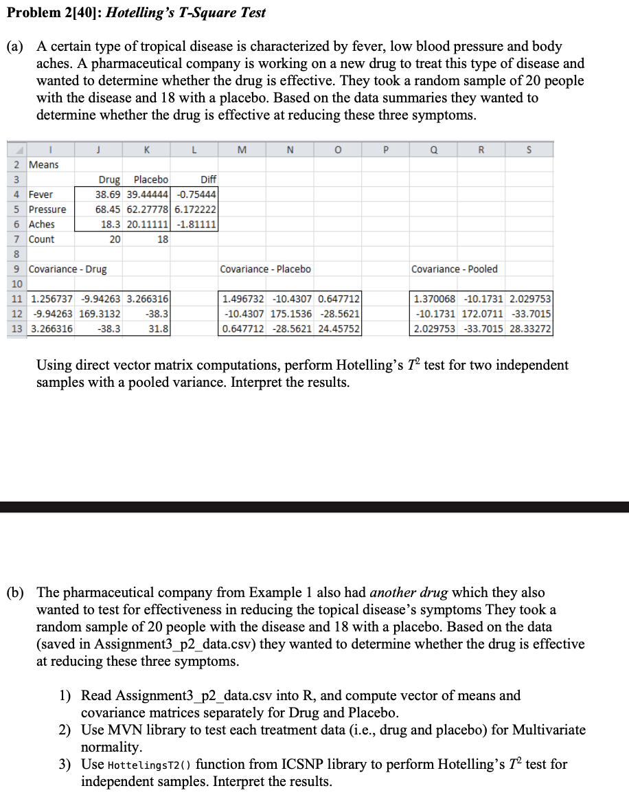 Problem 2[40]: Hotelling's T-Square Test (a) A | Chegg.com