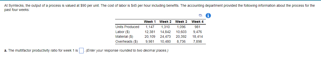 Solved a. The multifactor productivity ratio for week 1 is | Chegg.com