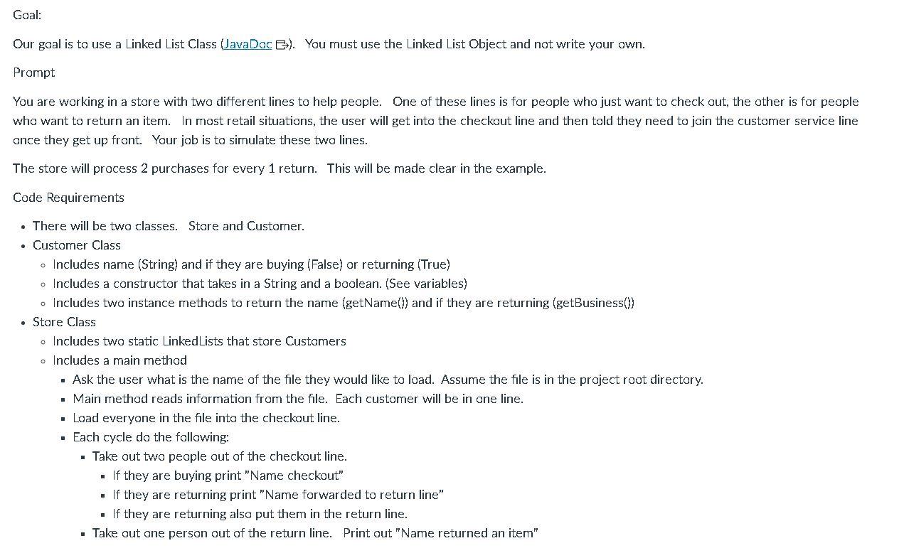 Solved Goal: Our goal is to use a Linked List Class (JavaDoc | Chegg.com
