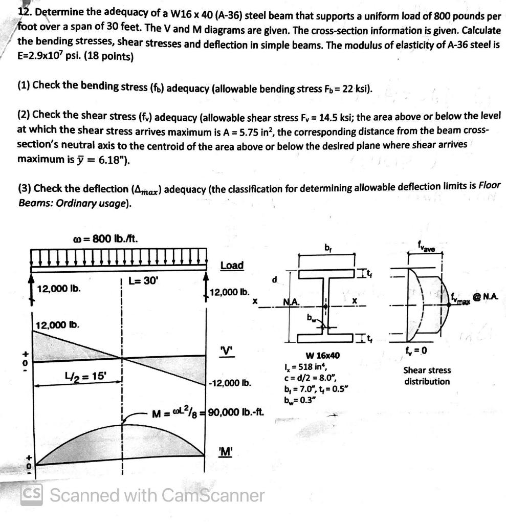 Solved 12. Determine the adequacy of a W16 x 40 (A-36) steel | Chegg.com