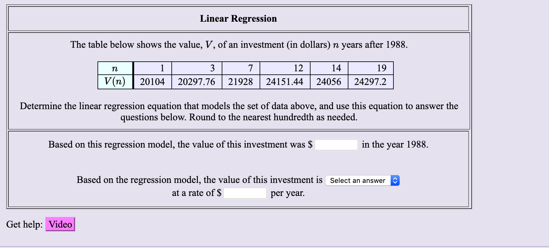 Solved Linear Regression The table below shows the value, V, | Chegg.com