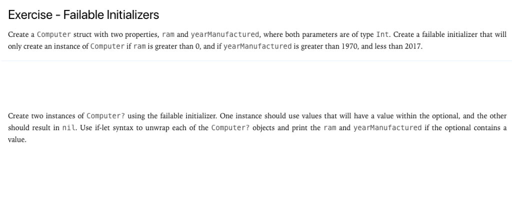 Solved Exercise - Failable Initializers Create a Computer | Chegg.com