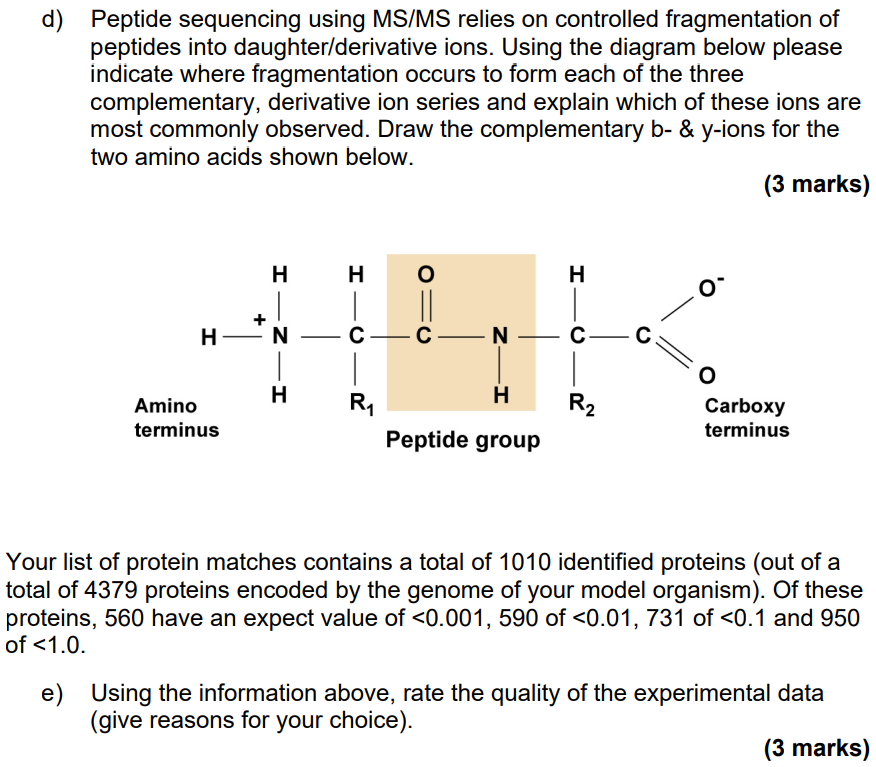 d) Peptide sequencing using MS/MS relies on | Chegg.com